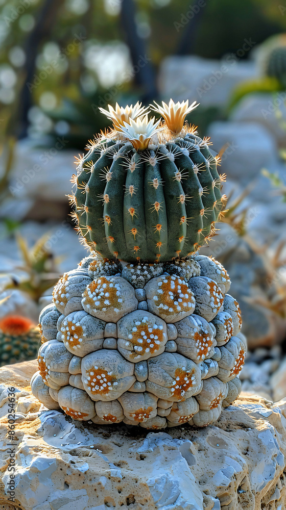 Cluster of small, spherical mammillaria cacti with intricate spiral ...