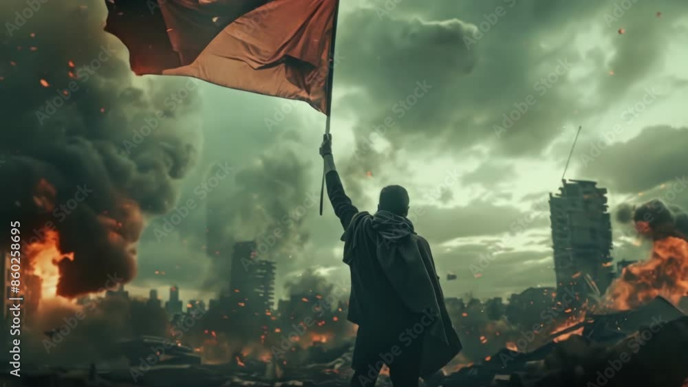 Man waves red revolution flag amid war torn cityscape. Smoke and fire ...