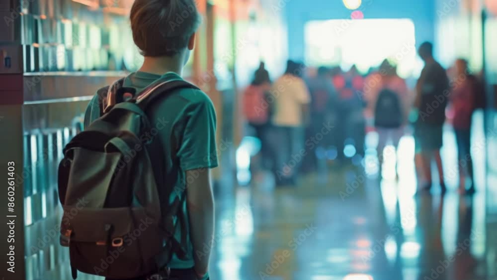 Lonely boy with backpack in school hallway. Students walk background ...