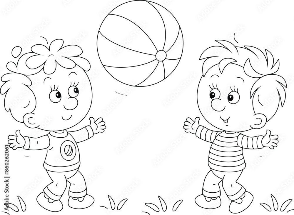 Funny little boys merrily playing a big striped ball on a playground in ...