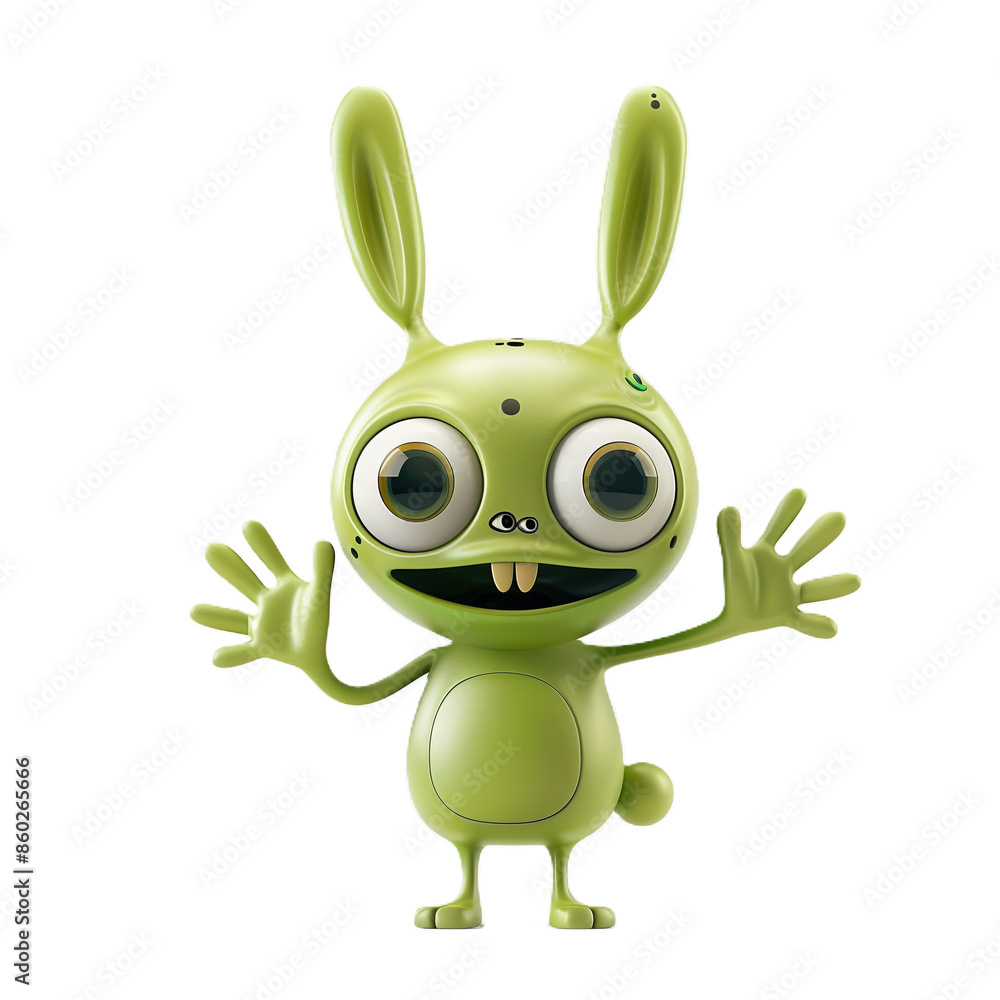 happy cute alien with big googly eyes and bunny teeth, standing waving ...