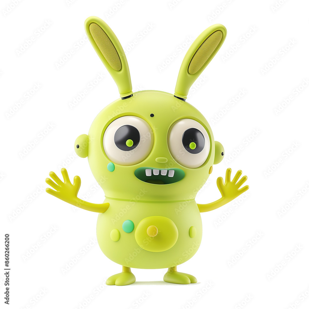 happy cute alien with big googly eyes and bunny teeth, standing waving ...