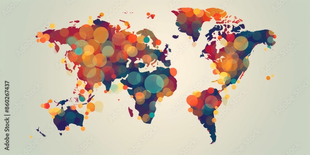Stylized world map composed of multicolored circles on a white ...