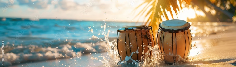 Congas on the Beach at Sunset - Two conga drums sit on a sandy beach ...