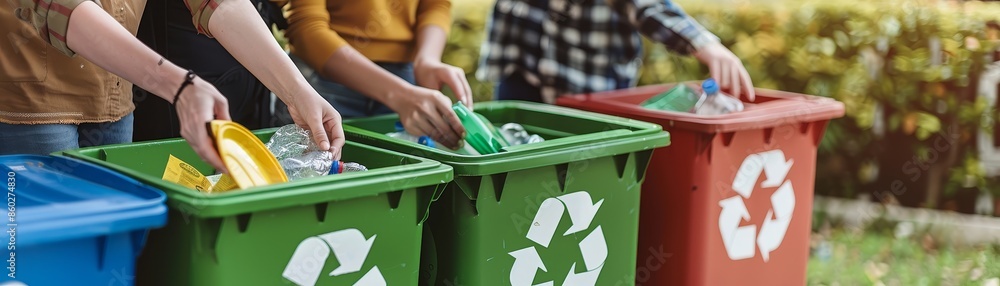 People Sorting Recycling into Different Bins - A group of people is ...