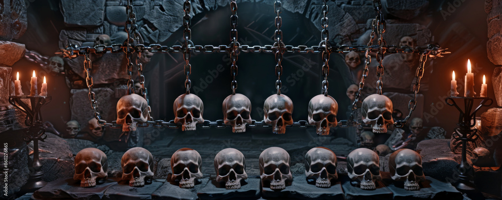 A medieval human skull frame setup featuring a frame constructed from ...