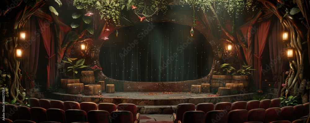 A whimsical cinema background with a fantasy-themed theater, decorated ...