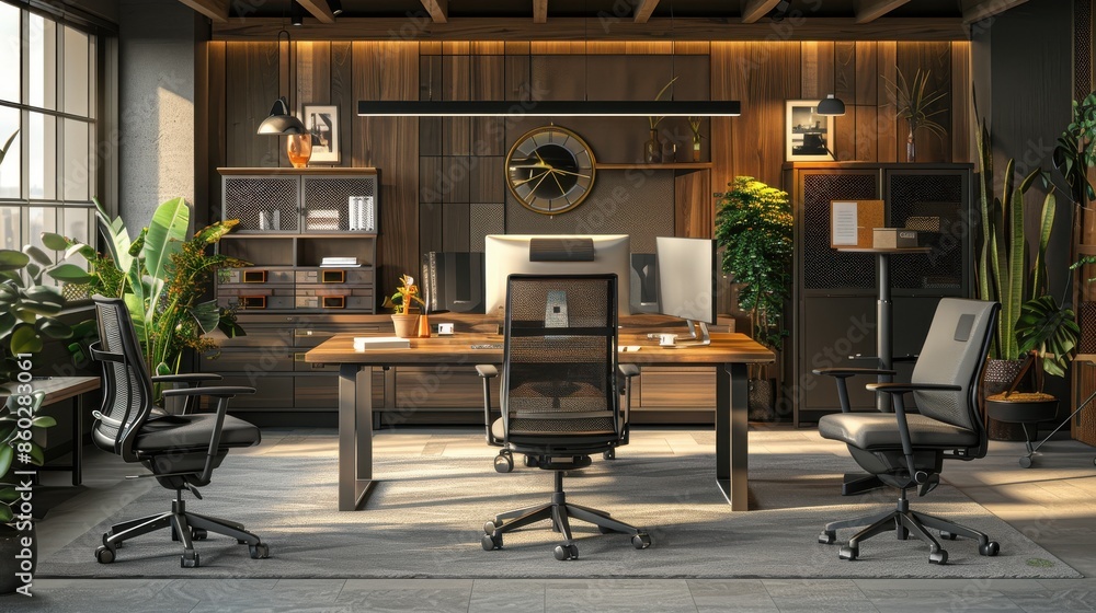 A functional office setup with a central desk surrounded by ergonomic ...