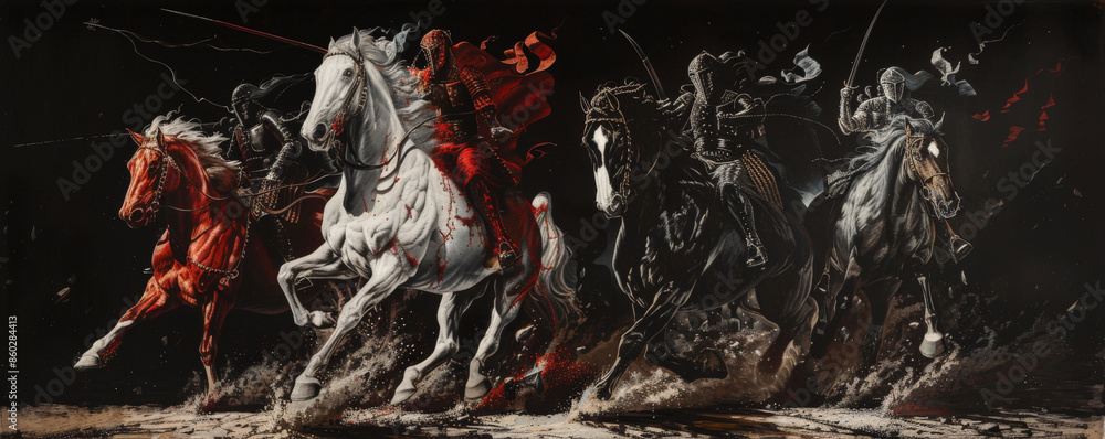 Depiction of the Four Horsemen of the Apocalypse: white for conquest ...