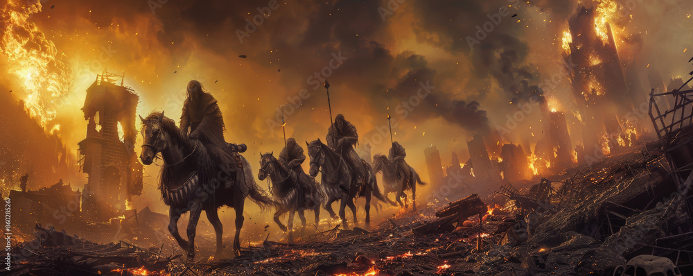 A post-apocalyptic vision of the Four Horsemen of the Apocalypse riding ...