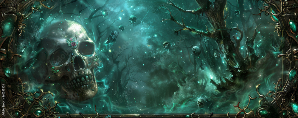 A mystical human skull frame background with a frame adorned with ...