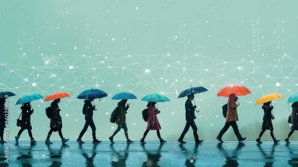 People walk in a line on a rainy day with colorful umbrellas, digital ...