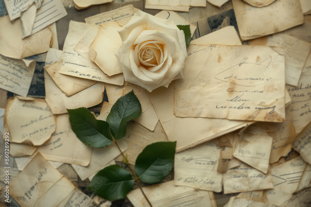 Romantic nostalgia captured with rose petals and vintage correspondence ...