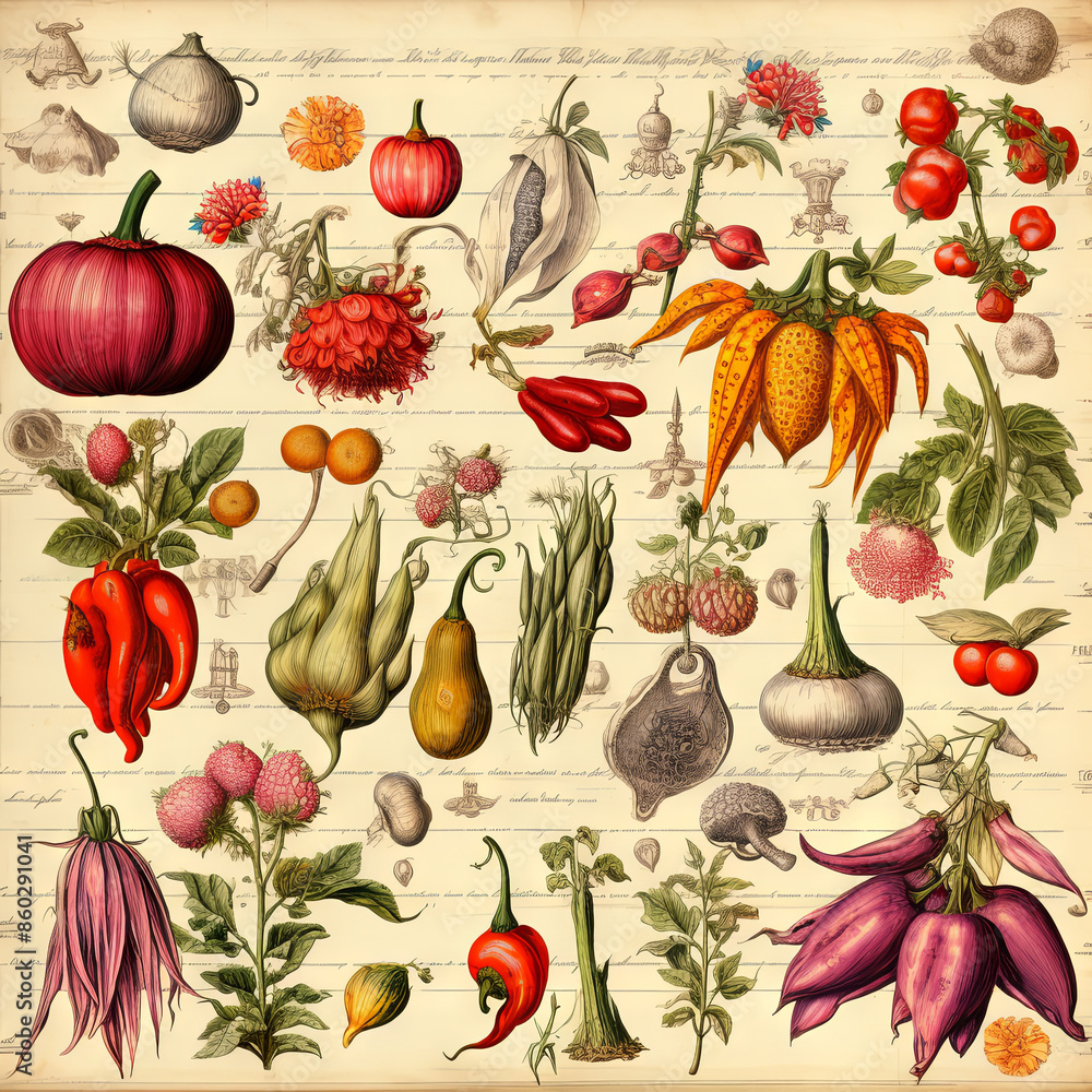 vintage plants paper with vegetable and fruits design grunge. scrap ...