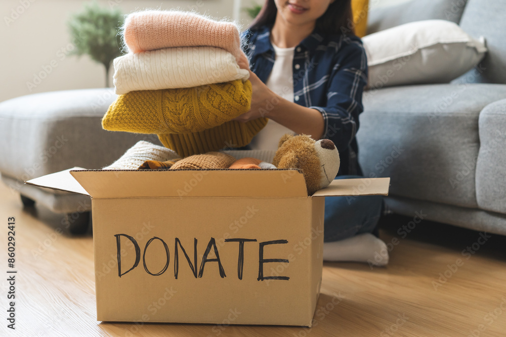 Recycling, Donation for poor, asian young woman, girl sitting pack ...