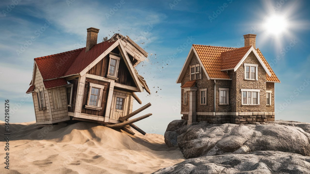 House constructed on the sand vs house constructed on a rock. Parable ...