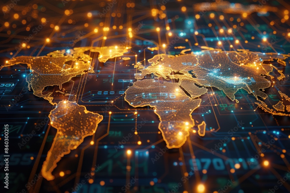 Golden digital world map with blue network connectivity lines on a ...
