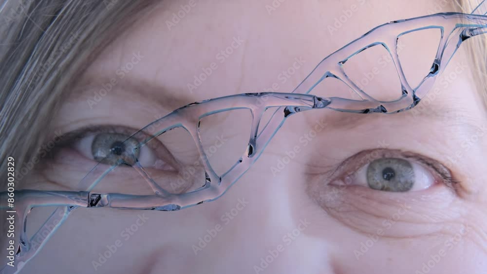 DNA spiral, helix structure rotates front person, representing human ...