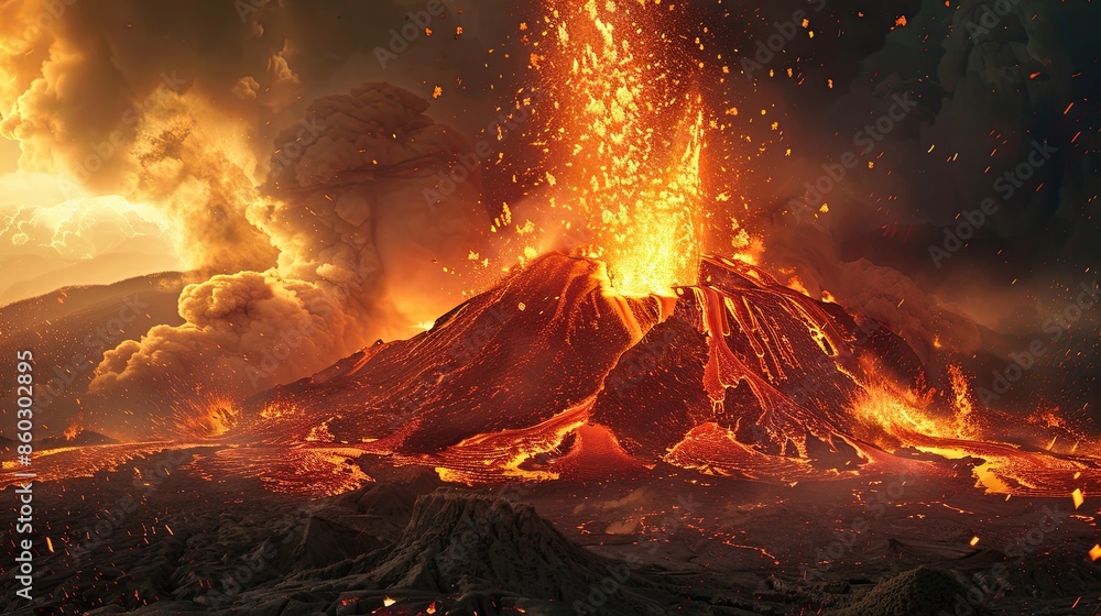 Volcanic eruption with molten lava, intense natural disaster scene ...