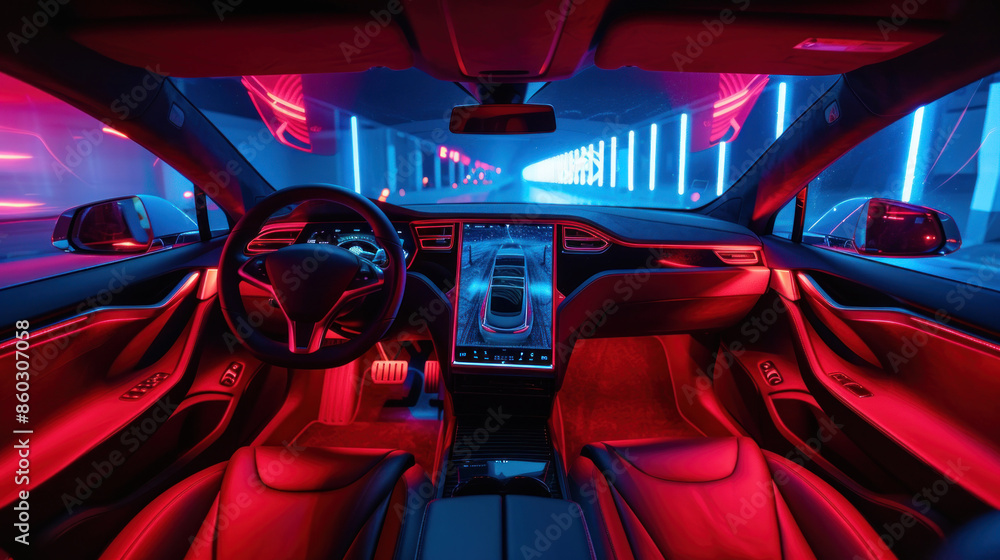The vibrant interior of an electric car features a holographic ...