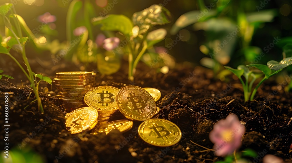 Gold Coins Growing from Rich Soil Surrounded by Lush Plants Stock Photo ...