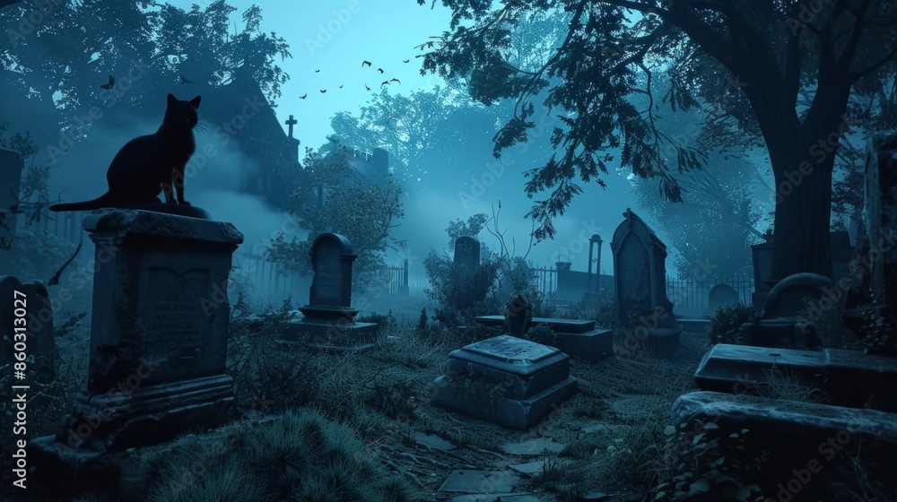 A spooky graveyard at midnight, with old, cracked tombstones and mist ...