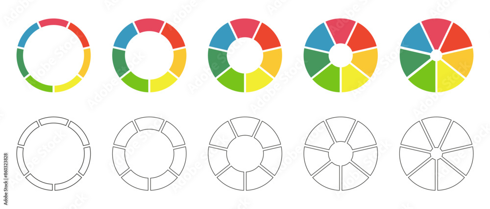 Donut charts set, pies segmented on 7 equal parts. Diagrams infographic ...