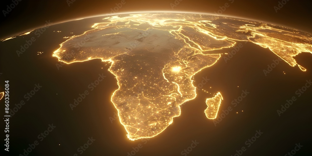 A stunning image of the African continent outlined in glowing light ...