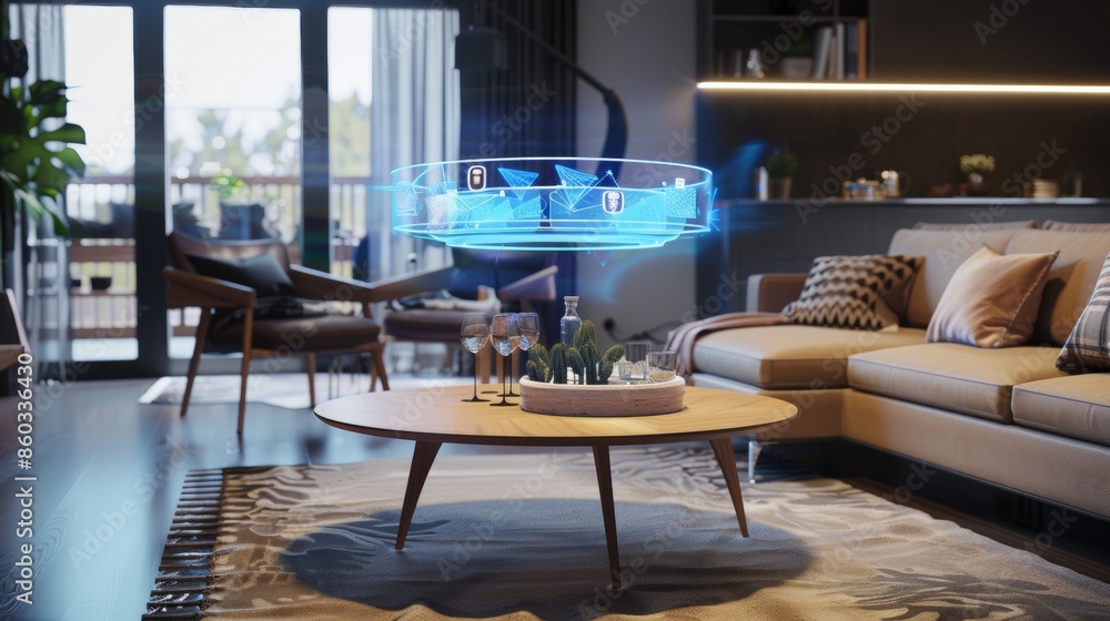 Foto de photorealistic living room, floating above the coffee table ...