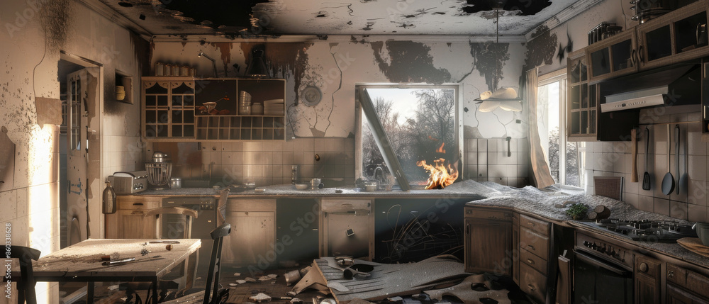 A deteriorated, burned kitchen with charred furniture and walls, and a ...