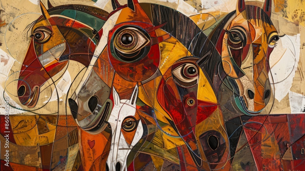 square segmented sectional abstract, a family of race horses, realistic ...