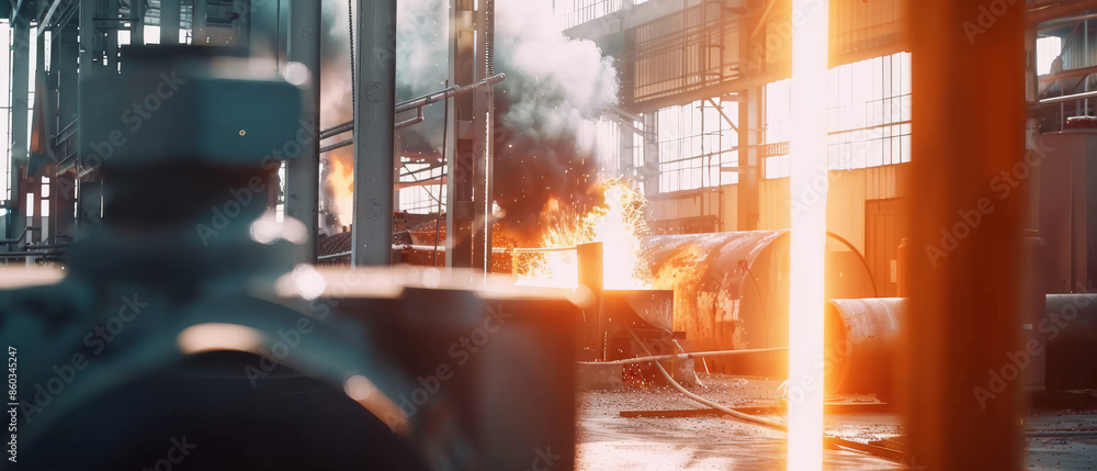A warm, sunlit metal workshop with glowing furnaces and pipes ...