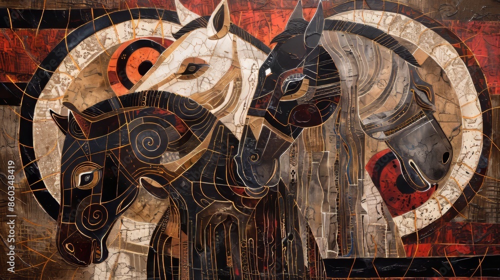 square segmented sectional abstract, a family of race horses, realistic ...