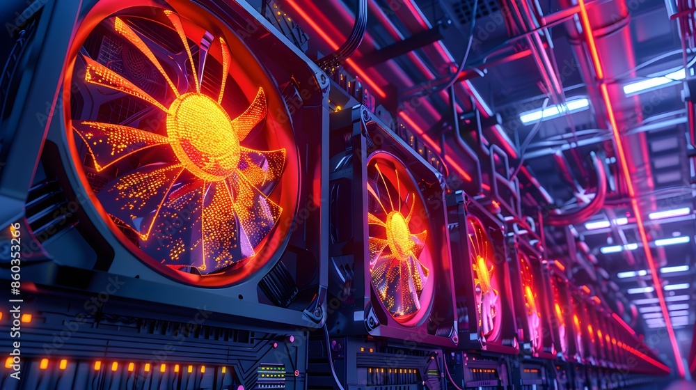 The fans on an mining rig, with red and orange lights glowing in ...