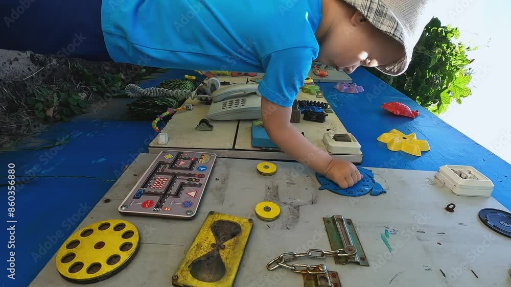 Vertical view of a child touching educational toys. Active family ...