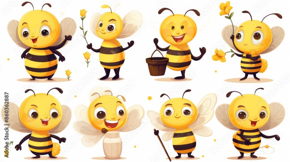 These illustrations feature a set of eight cute cartoon bees in ...