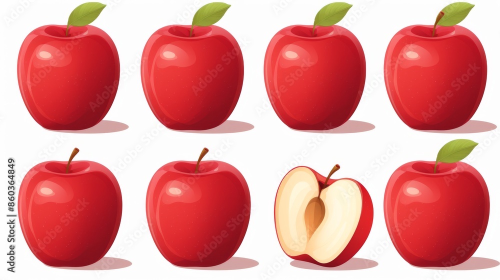 A collection of eight vibrant red apple illustrations showing different ...