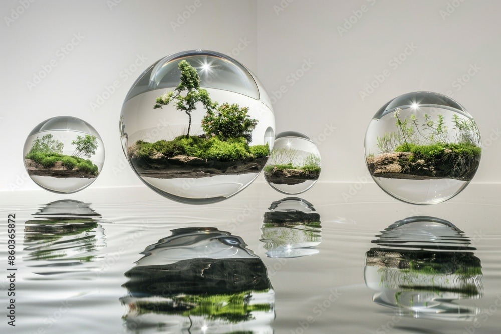 Transparent glass orbs floating above a reflective surface, each ...