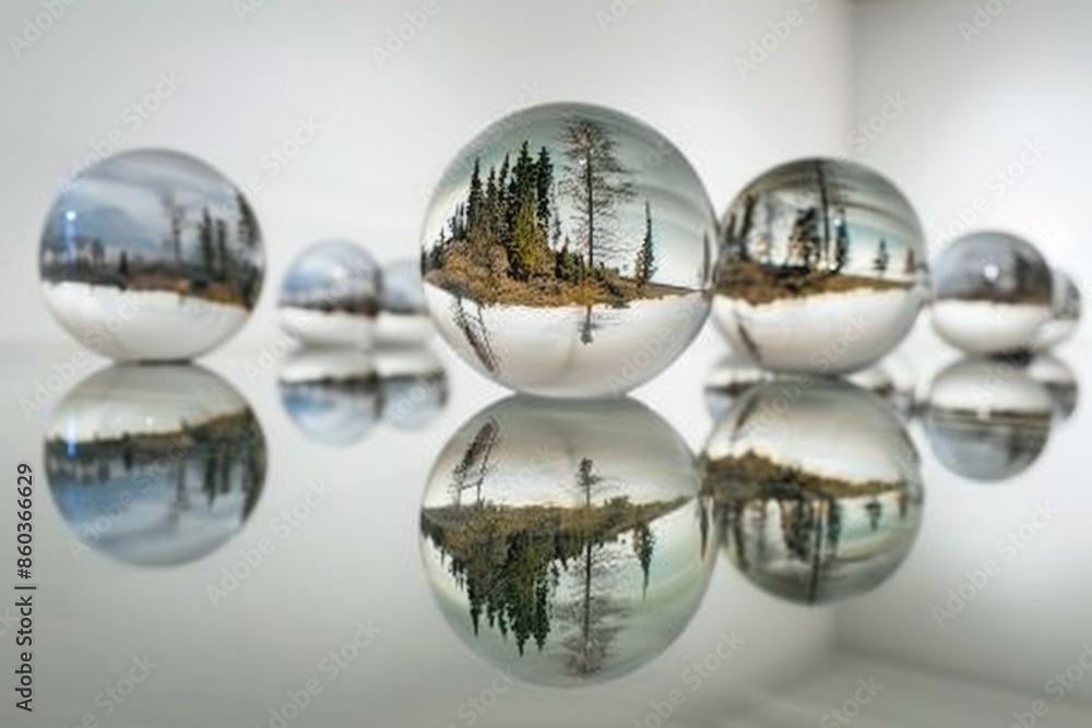 Transparent glass orbs floating above a reflective surface, each ...