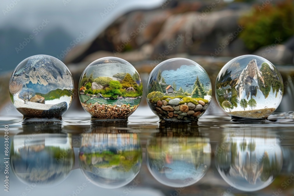 Transparent glass orbs floating above a reflective surface, each ...