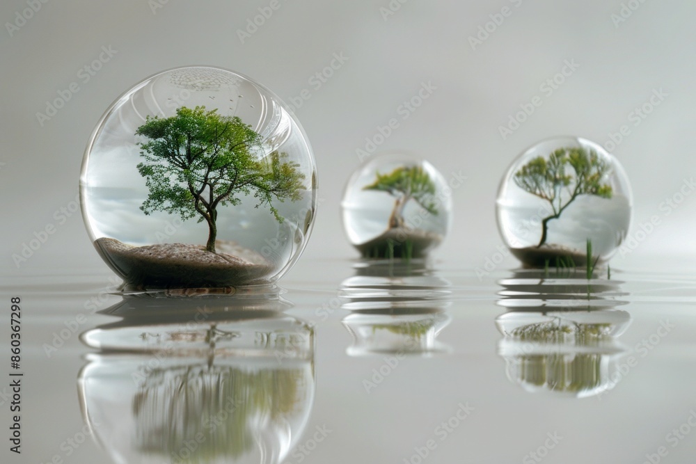 Transparent glass orbs floating above a reflective surface, each ...