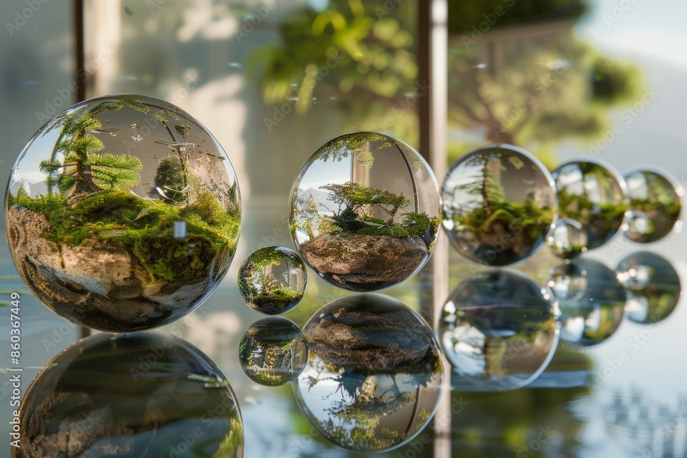 Transparent glass orbs floating above a reflective surface, each ...