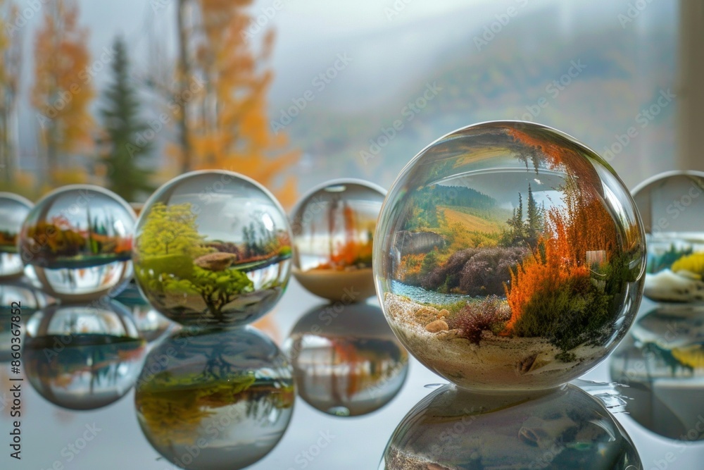 Transparent glass orbs floating above a reflective surface, each ...