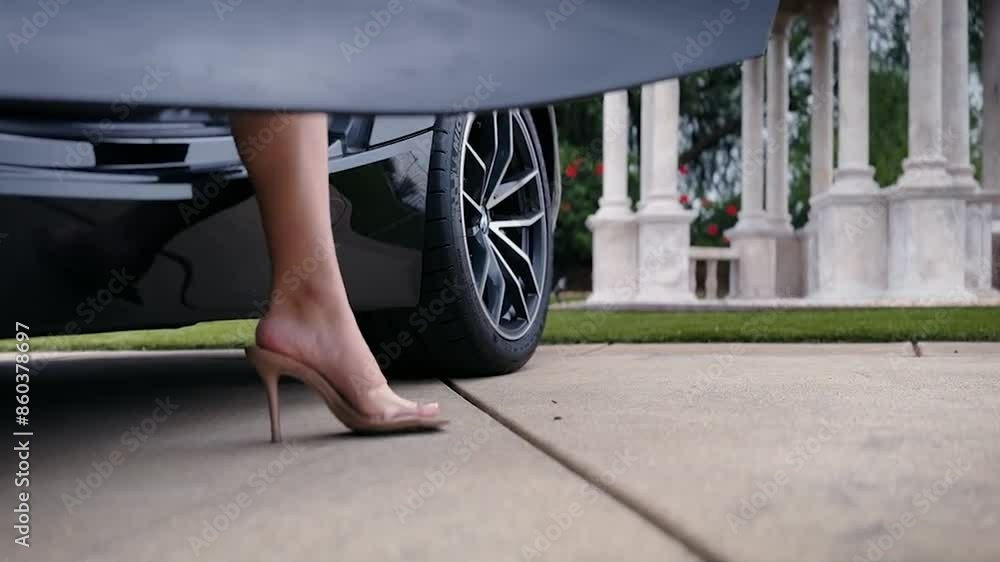 Legs of a person. A beautiful woman is getting out of the car. A ...