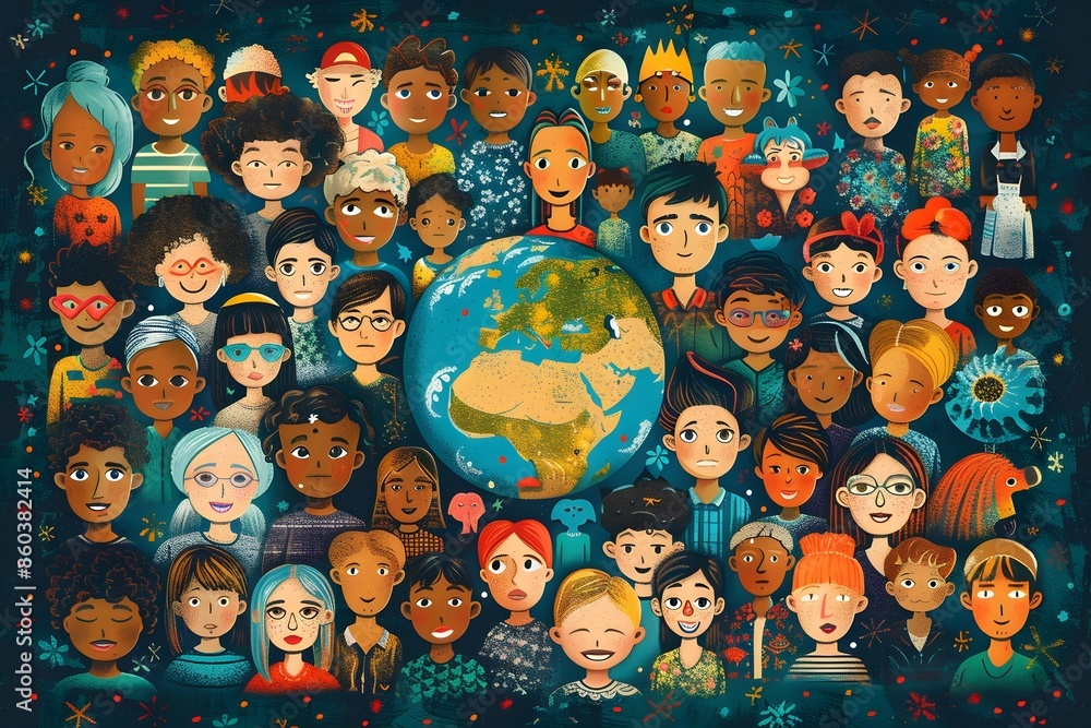 different humans around an earth, wide range of ethnicities, ages, and ...