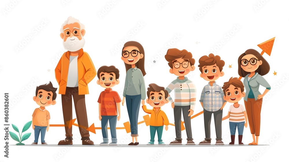 kids, mother, father, grandparents, young people, under a growing arrow ...