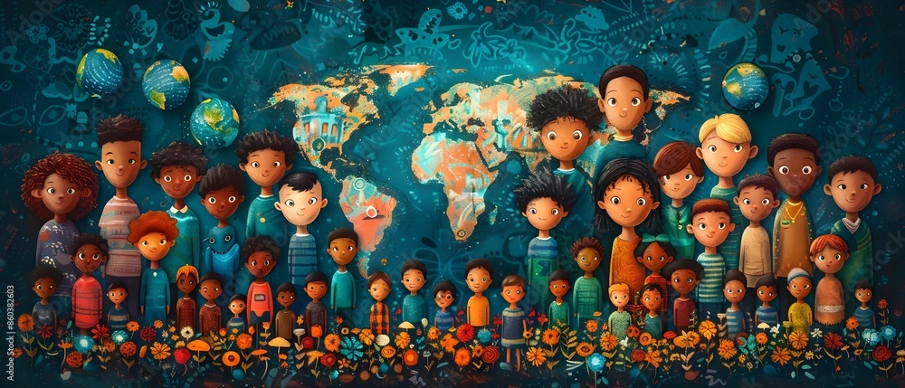 an art piece of different humans around an earth, wide range of ...