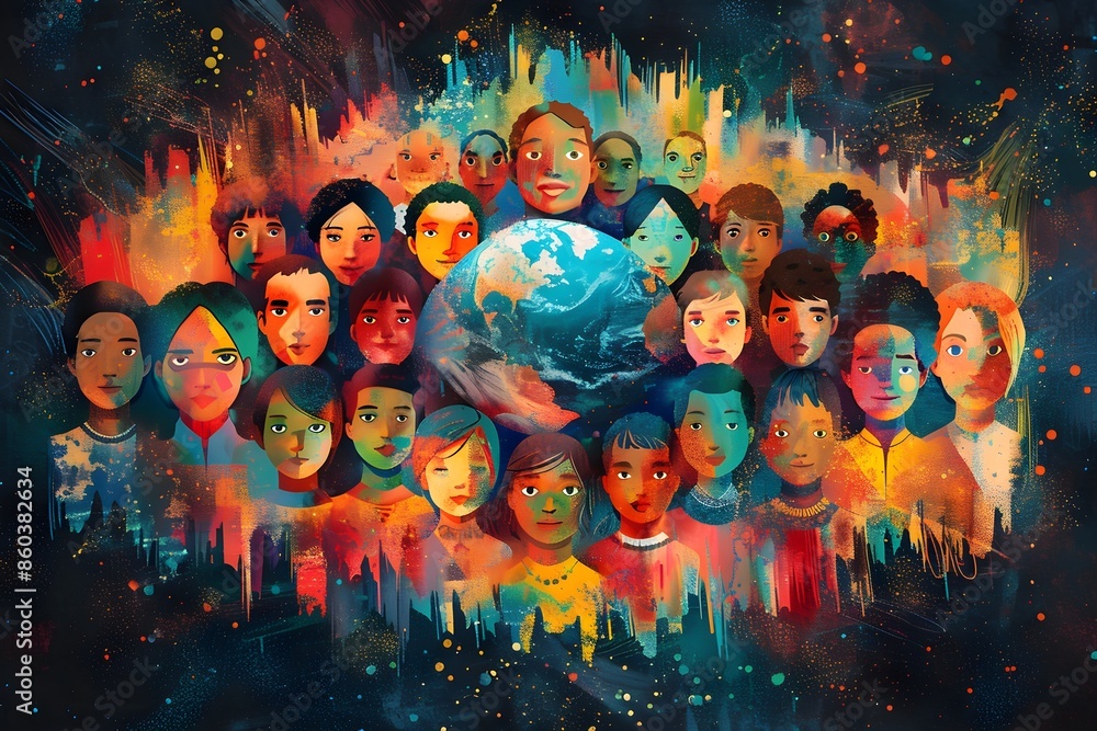 an art piece of different humans around an earth, wide range of ...