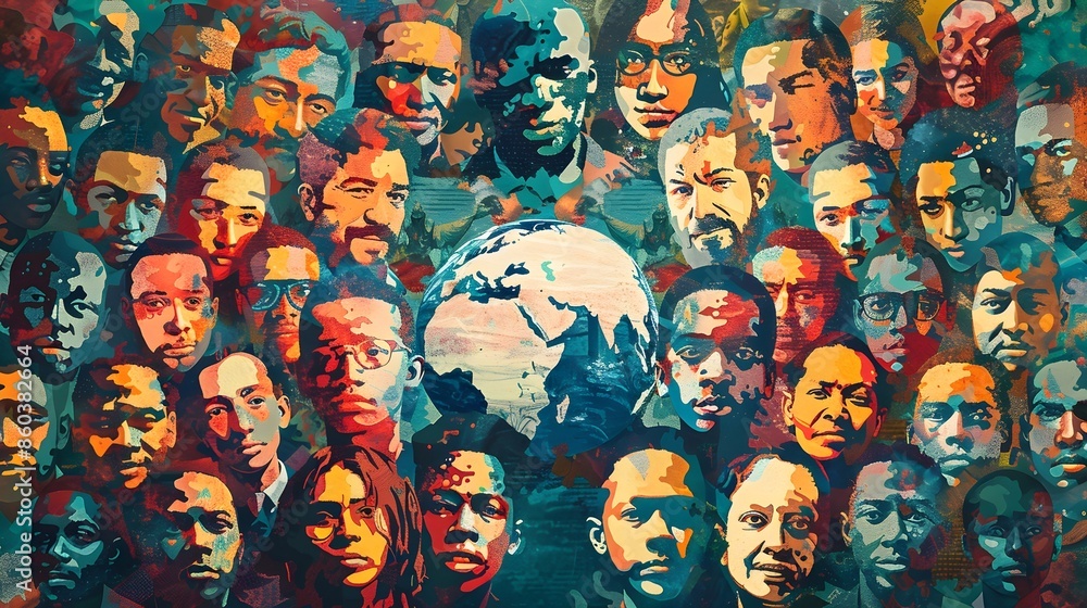 an art piece of different humans around an earth, wide range of ...