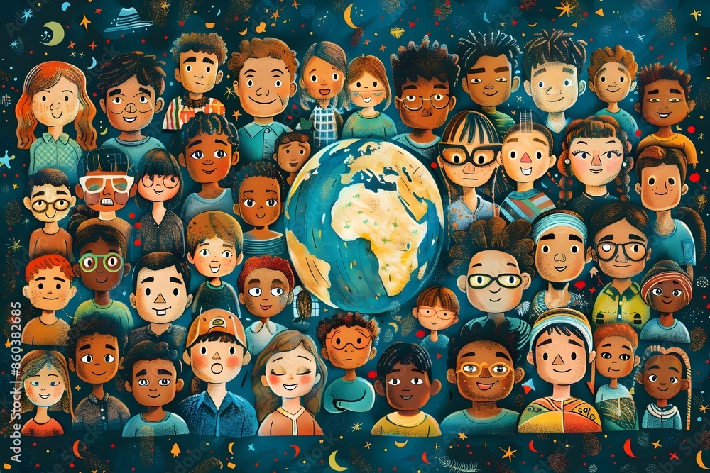 an art piece of different humans around an earth, wide range of ...